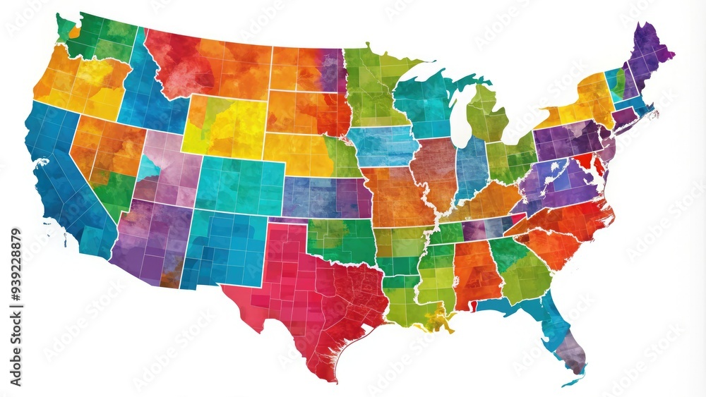 ภาพประกอบสต็อก Vibrant colorful map of the United States of America ...