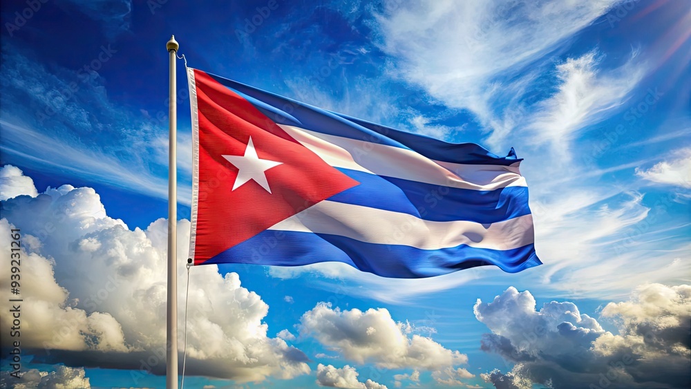 Vibrant Cuban flag waves proudly in the gentle breeze against a bright ...
