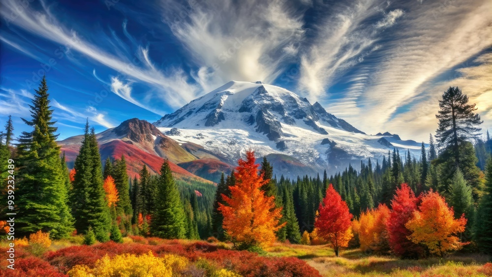 Vibrant fall foliage surrounds the base of majestic Mount Rainier, set ...