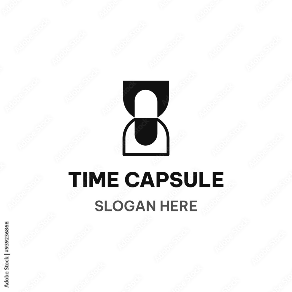 Time capsule logo template in simple flat style. Hourglass and pill ...