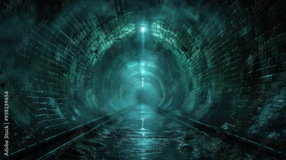 Dark, eerie sewer tunnel with glowing green light. Atmospheric ...