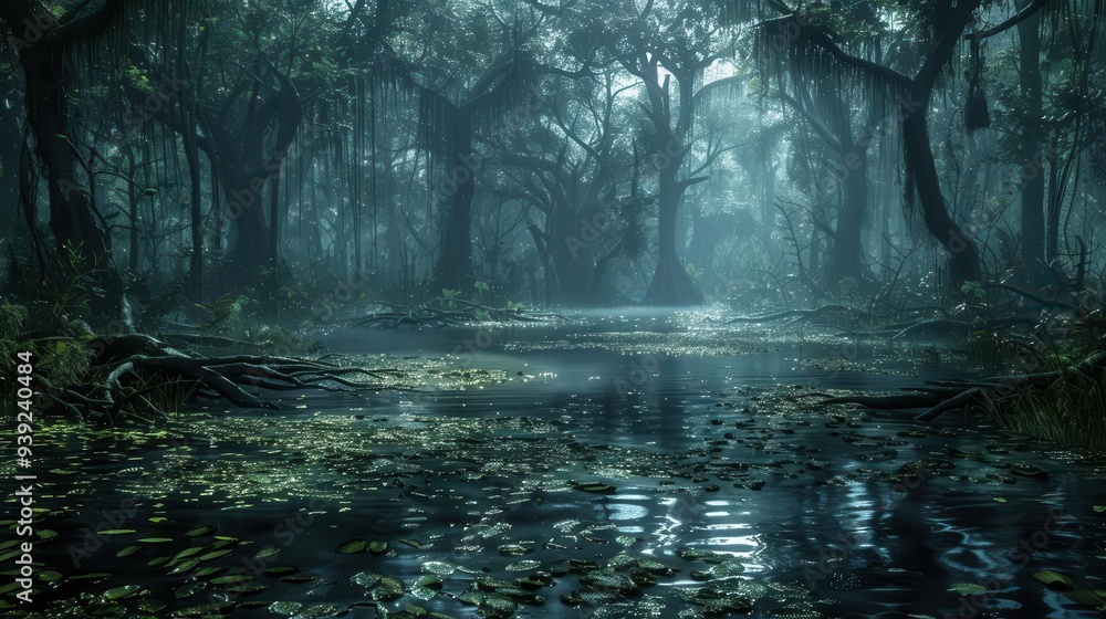 Serene view of a mysterious swamp with dense forest, still waters, and ...
