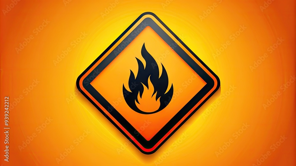 Vibrant orange flame icon with black outline, set against a bright ...