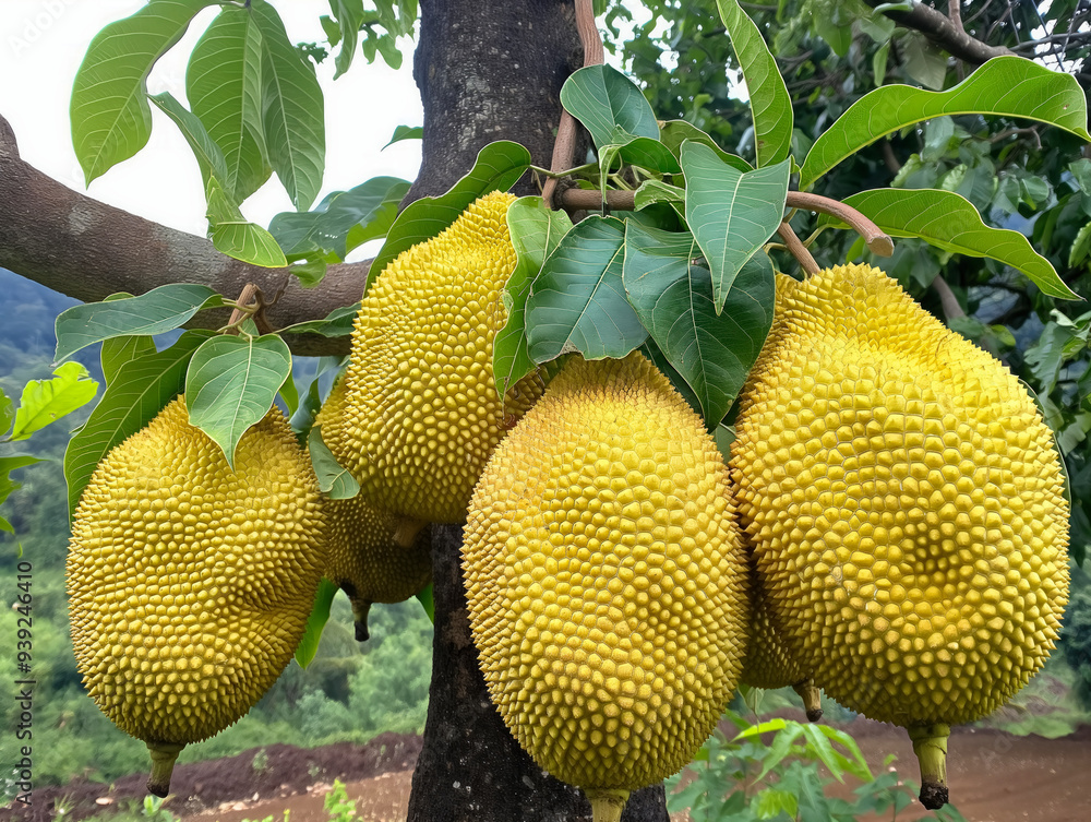 A bunch of unripe fruit hanging from a tree. The fruit is yellow and ...