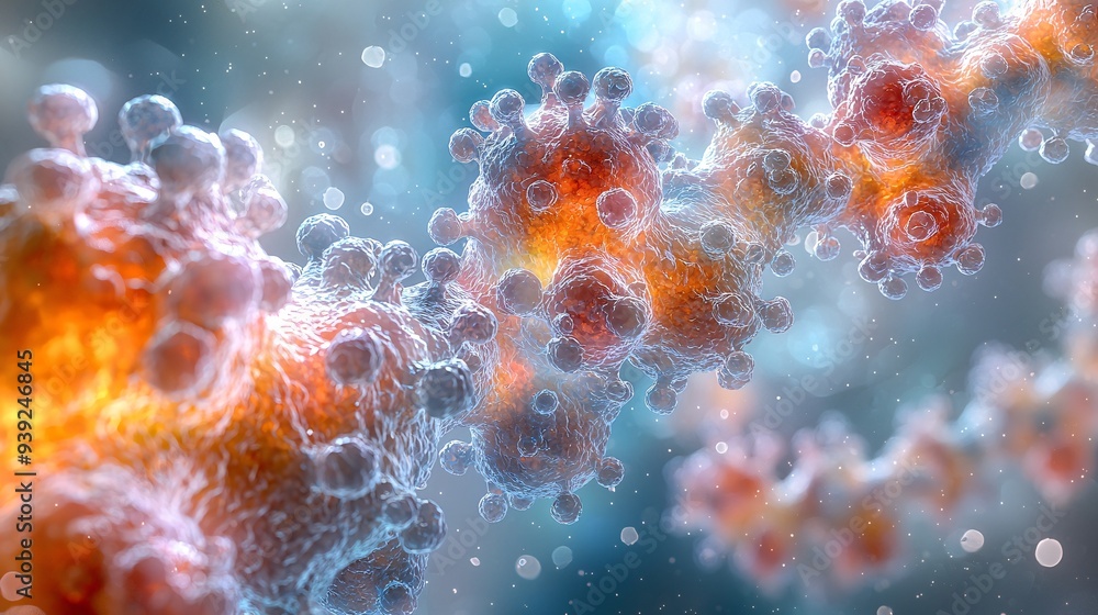 A digitally rendered microscopic view of RSV entering the airway of a ...