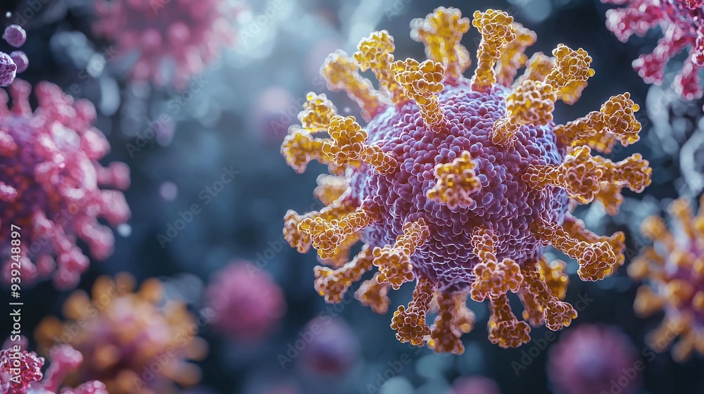 Fotografía A close-up of an RSV virus particle attaching to a lung cell ...