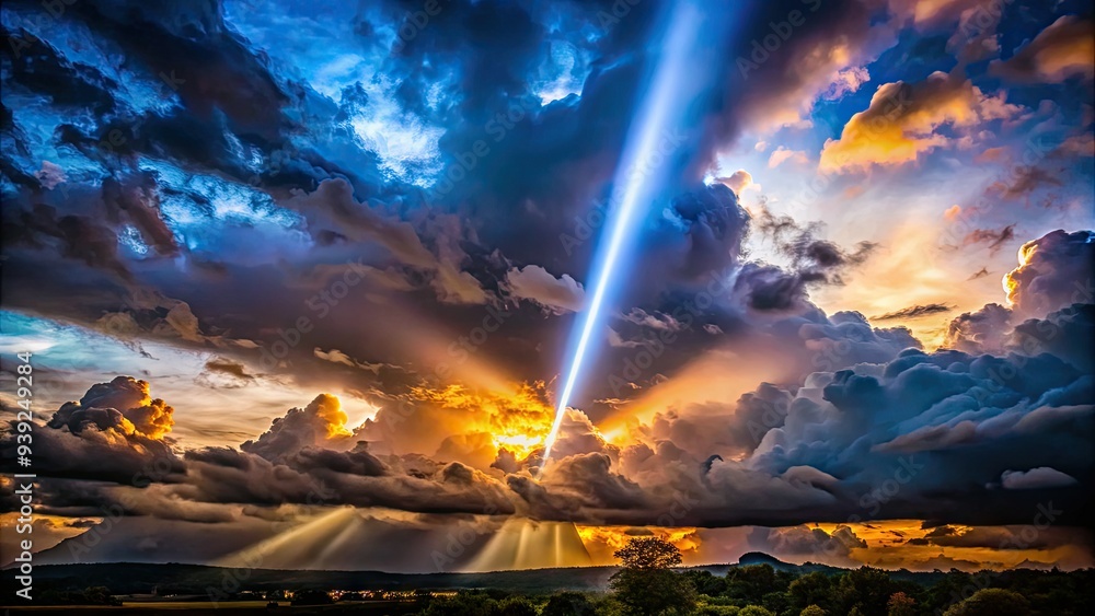 Vibrant spotlight beam cuts through dark night sky, illuminating ...