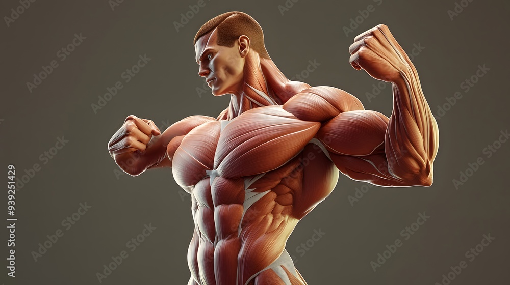 Muscular System in a Flexed Pose: A strong, flexed pose showcasing the ...