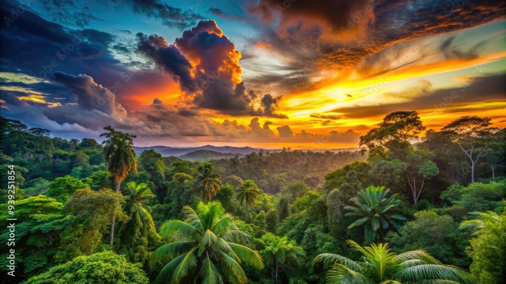 Vibrant sunset sky meets lush tropical rainforest at the Earth's ...