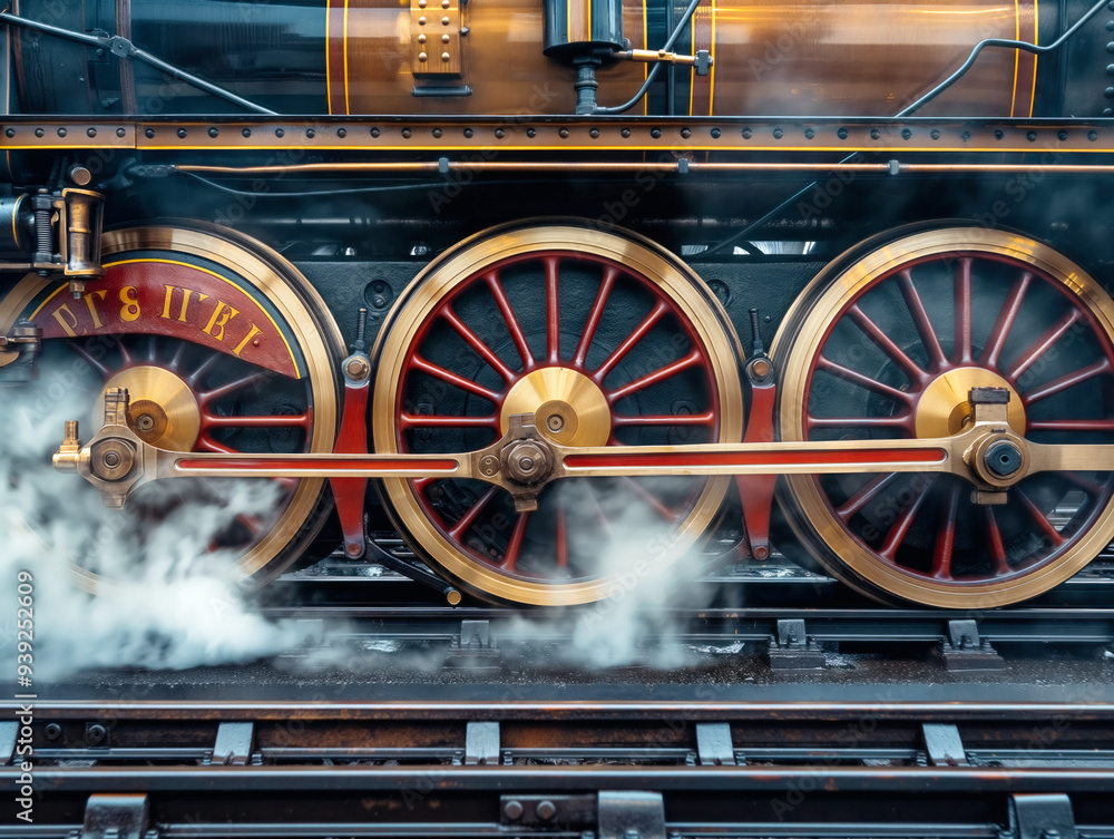 Steam coming out of the train engine. The train is old and has a red ...