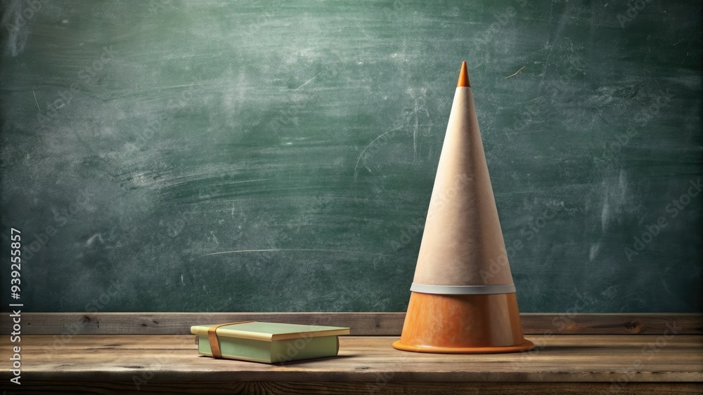 Vintage cone-shaped dunce cap with a chalkboard background and a single ...