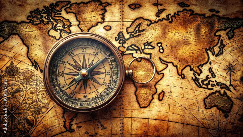 Vintage-style navigation compass with intricate details and ornate ...