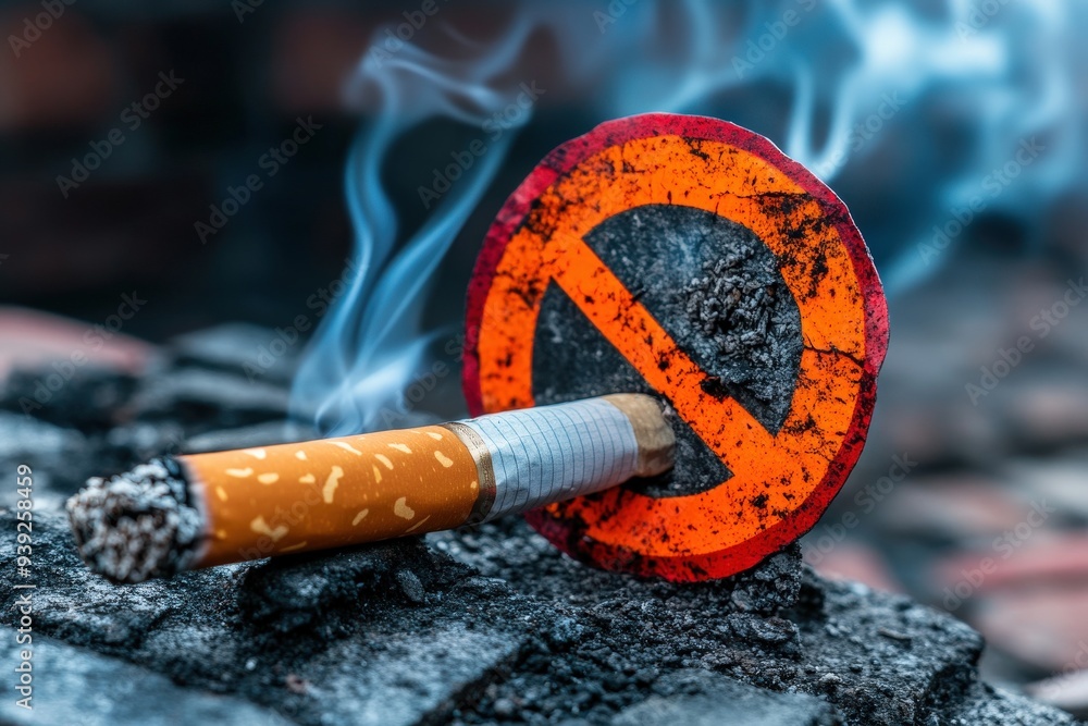 Close-up of a burning cigarette piercing through a red no-smoking sign ...