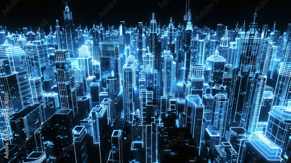 Storyboard illustrated schematic of city skyline, flight shot, glowing ...