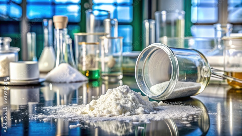 White zinc oxide powder spills from a broken jar on a laboratory ...