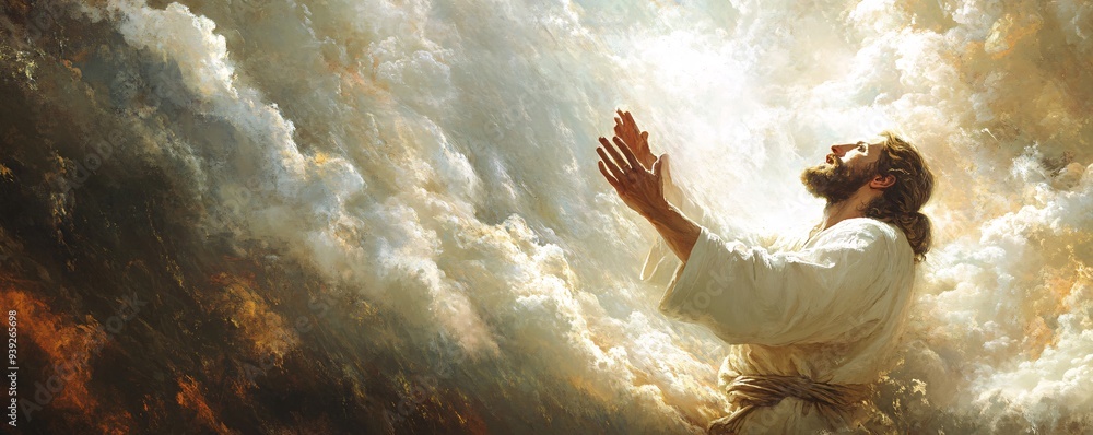 Jesus christ raising hands to heaven with hope and faith Stock Photo ...