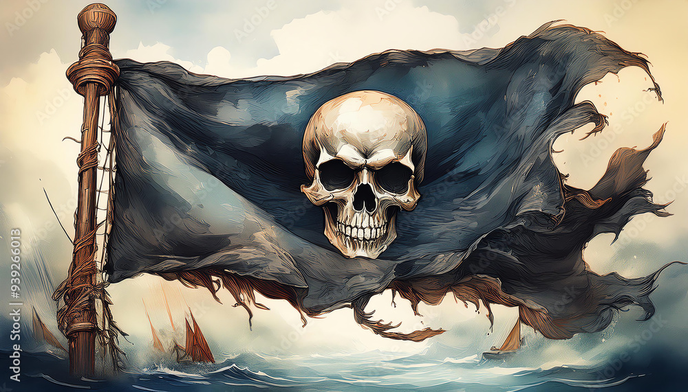 Pirate flag with a skull and crossbones waving over the ocean on a pole ...