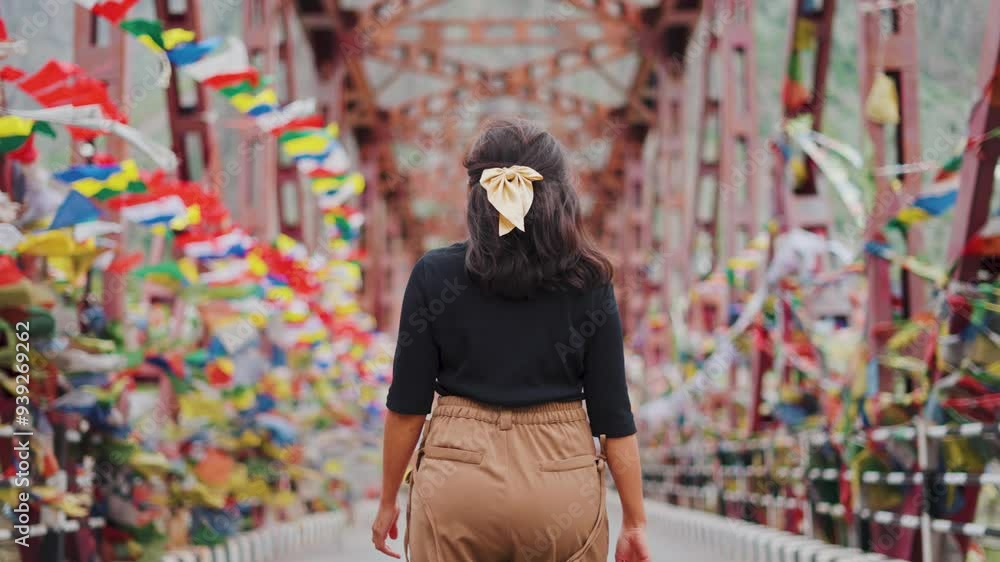 4K view of young Indian woman walks on bridge, colorful prayer flags on ...