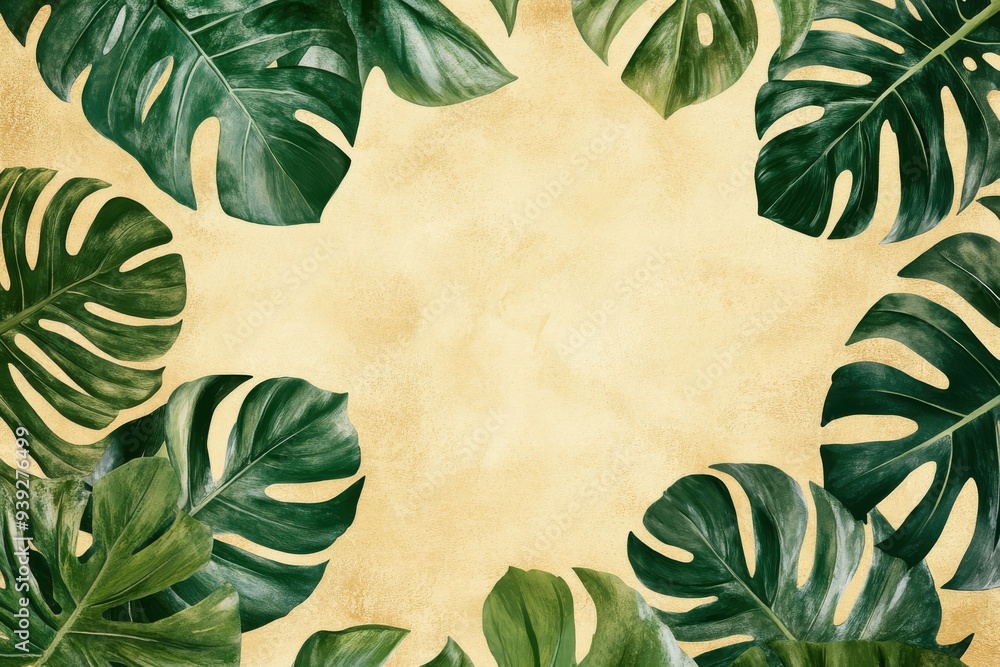 Gold-themed design featuring monstera leaf border frame pattern Stock ...