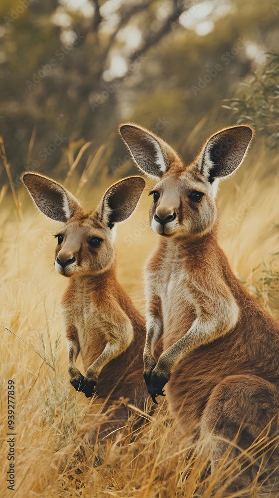kangaroo in a grassy forest clearing, featuring a young buck with ...