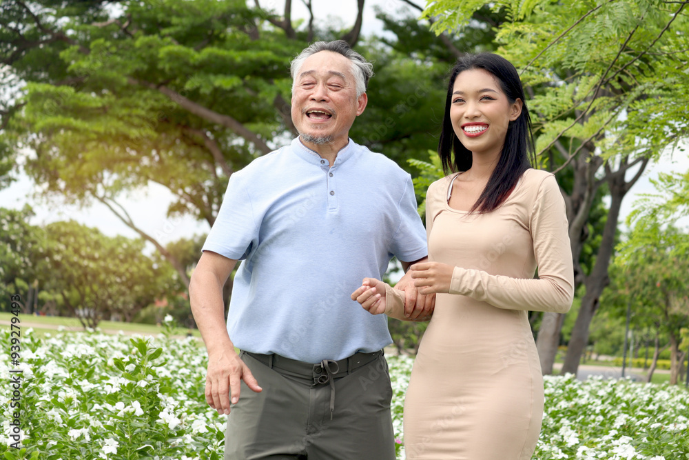 Happy family, Joyful elderly Asian man take a walk together with ...