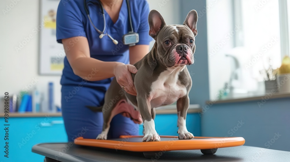 Vet assisting a dog with physical therapy using a balance board ...