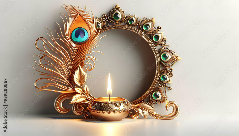 3D Diya and Peacock Feather Border concept as Horizontal frame with a ...