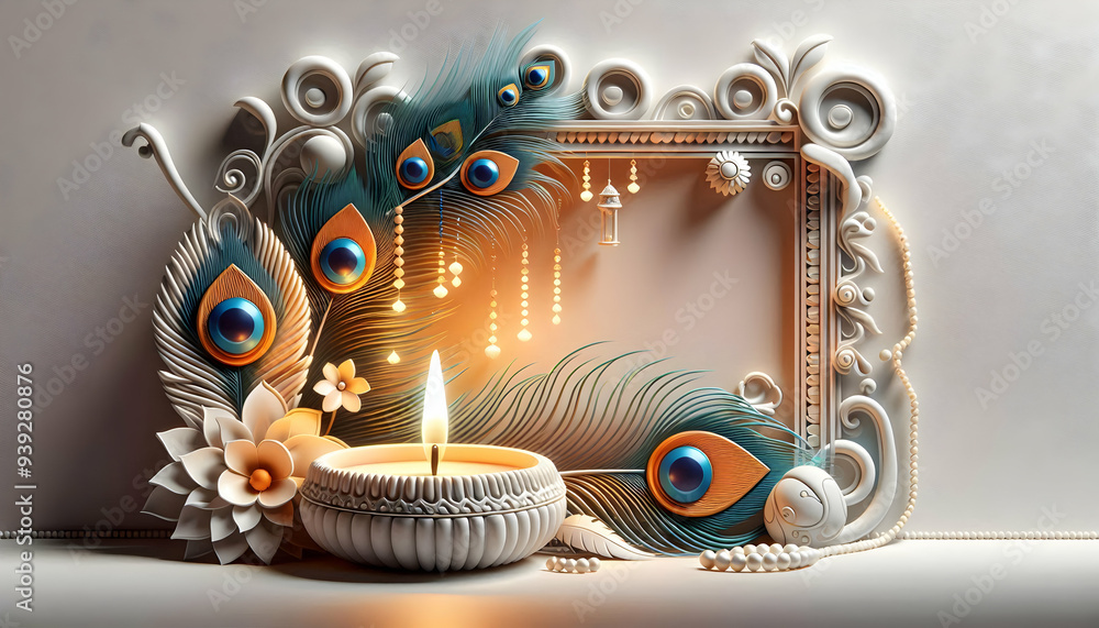 3D Diya and Peacock Feather Border concept as Horizontal frame with a ...