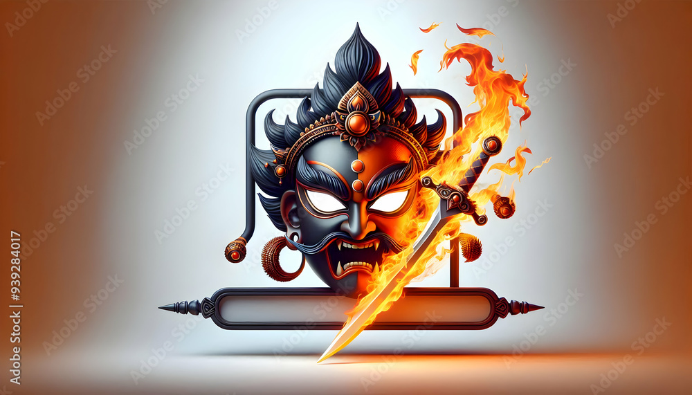 3D Ravana Mask and Flaming Sword Frame concept as Horizontal frame with ...