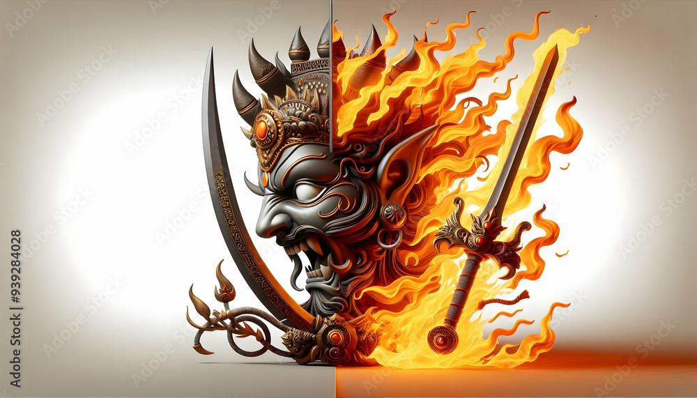 3D Ravana Mask and Flaming Sword Frame concept as Horizontal frame with ...