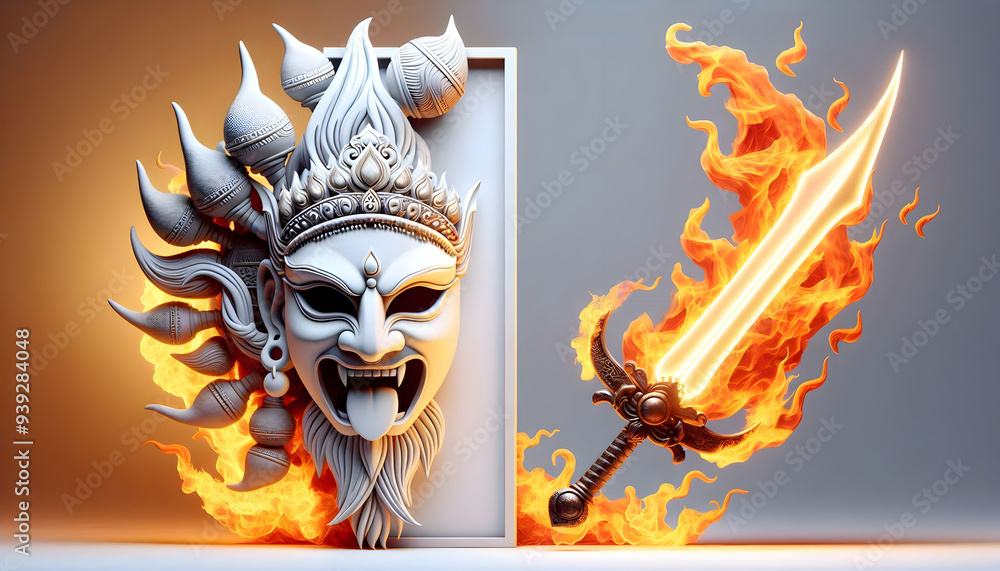 3D Ravana Mask and Flaming Sword Frame concept as Horizontal frame with ...
