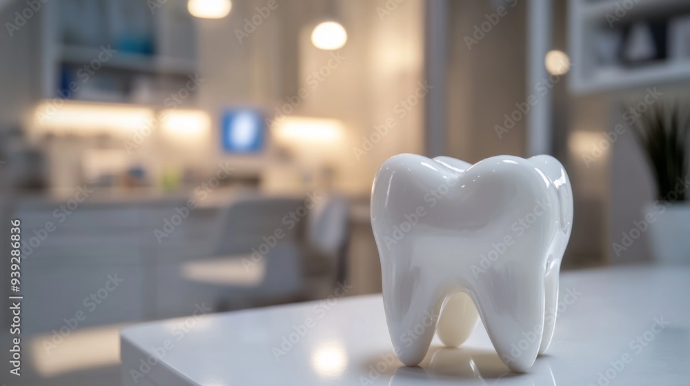 This image shows a large tooth model displayed on a desk inside a ...