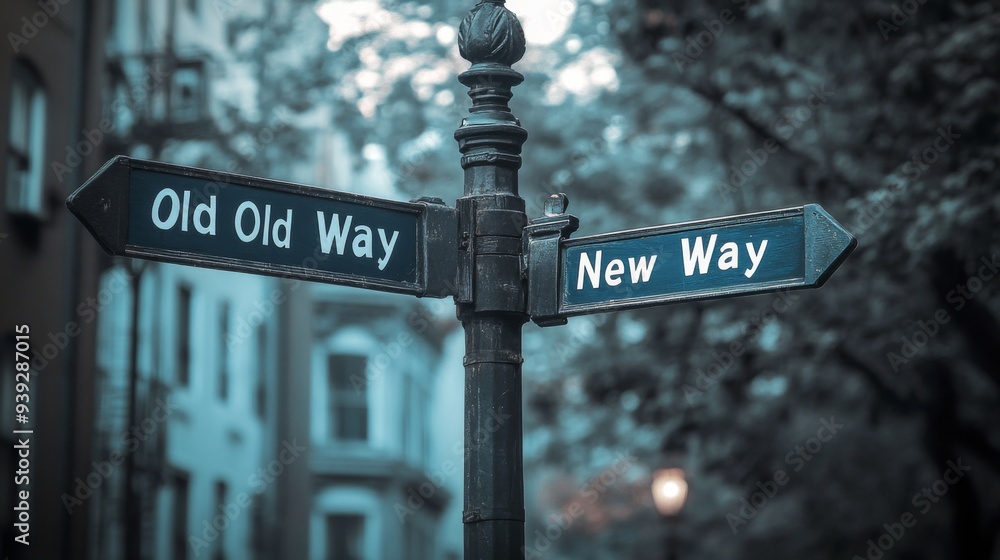 Photograph of intersecting street signs marked 'Old Way' and 'New Way ...