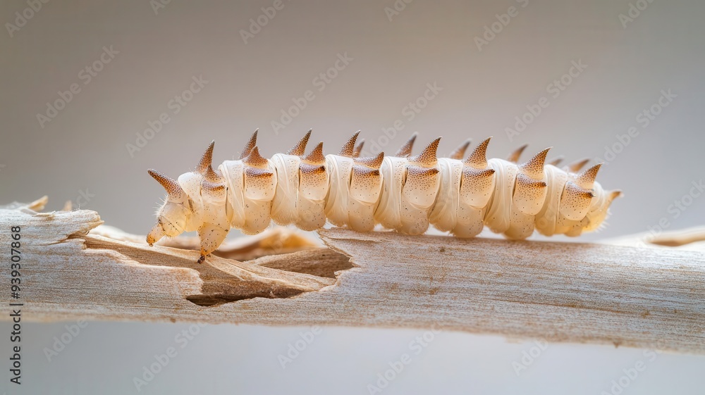 Closeup view of a stem borer larva inside a damaged stem, focusing on ...