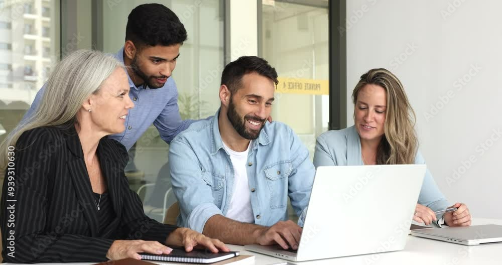 Diverse business team of cheerful colleagues watching exciting Internet ...