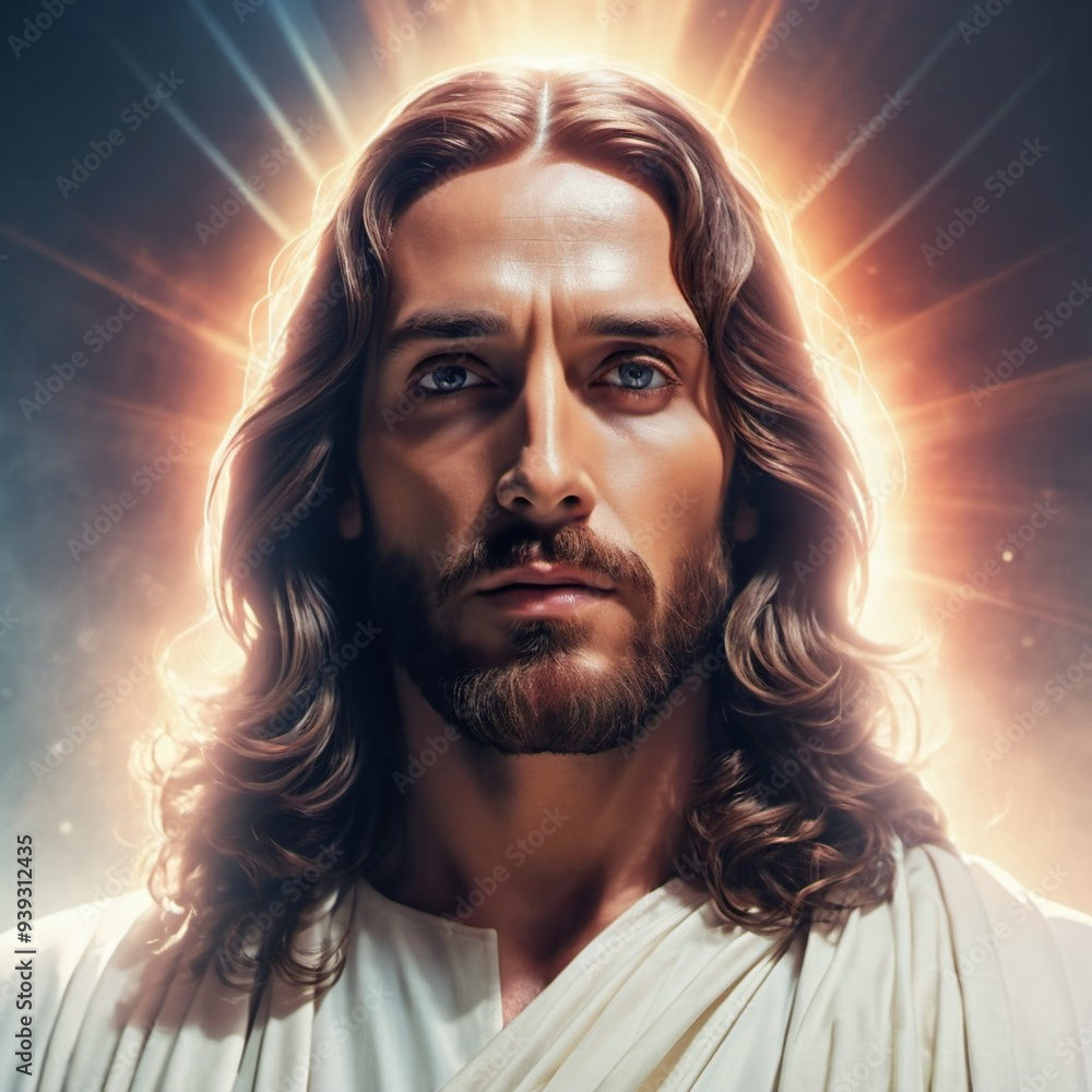 Portrait of a Man Dressed as Jesus. White robe. Long brown hair and ...