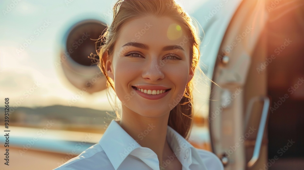 Beautiful female cabin crew air hostess smiling at the camera. Stock ...