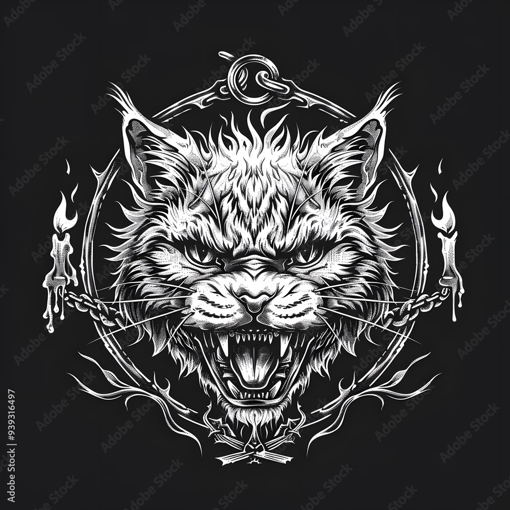 Bengal Cat head angry chain and candles black and white illustration ...