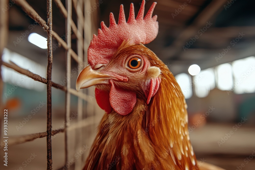 A detailed close-up of a rooster inside a cage, capturing the intense ...