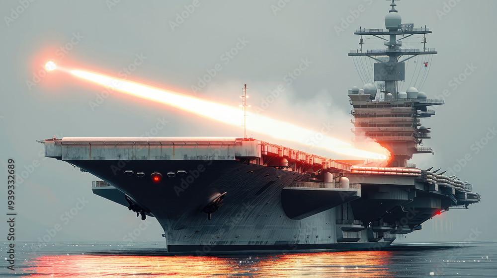 A futuristic Aircraft carrier, a massive laser cannon on the edge of ...