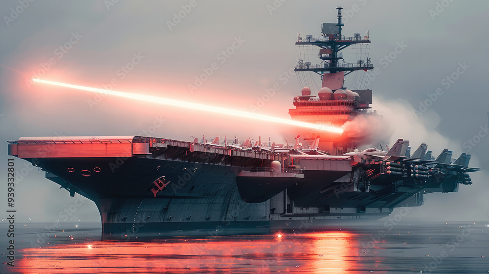 A futuristic Aircraft carrier, a massive laser cannon on the edge of ...