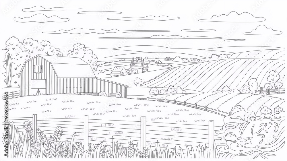 Agriculture countryside field with barn, rolling hills and wooden fence ...