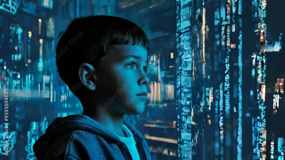 A child's face on the background of binary code, a face with matrix ...