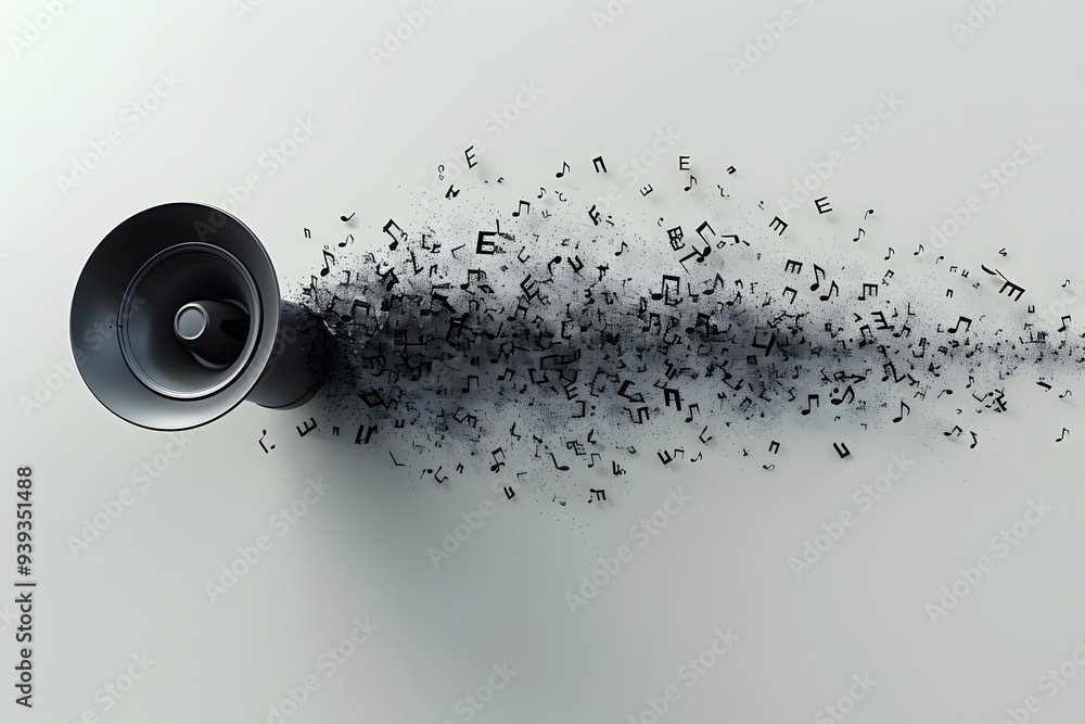 Speaker emitting music notes. A black speaker emitting music notes on a ...