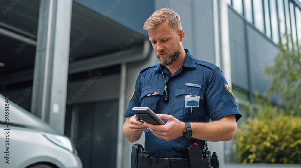 An officer using a handheld device to check IDs at an industrial ...
