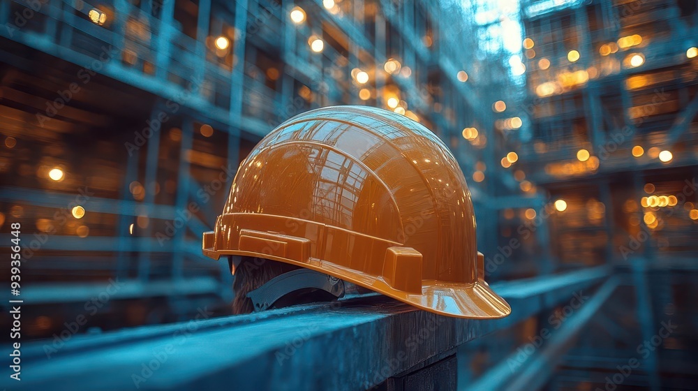 closeup of a construction workers protective helmet with a backdrop of ...