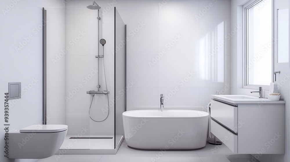 Futuristic bathroom with AI-controlled shower adjusting temperature and ...