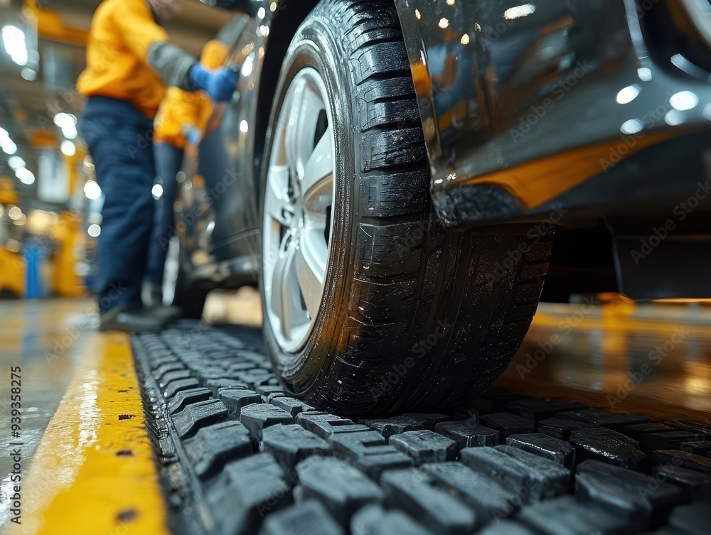 auto mechanics collaborating to change tire in busy repair shop tools ...