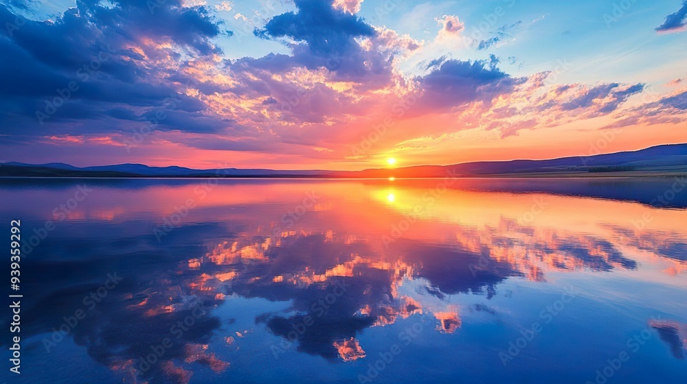 Gentle sunset over a serene lake with sky reflection captured in ultra ...