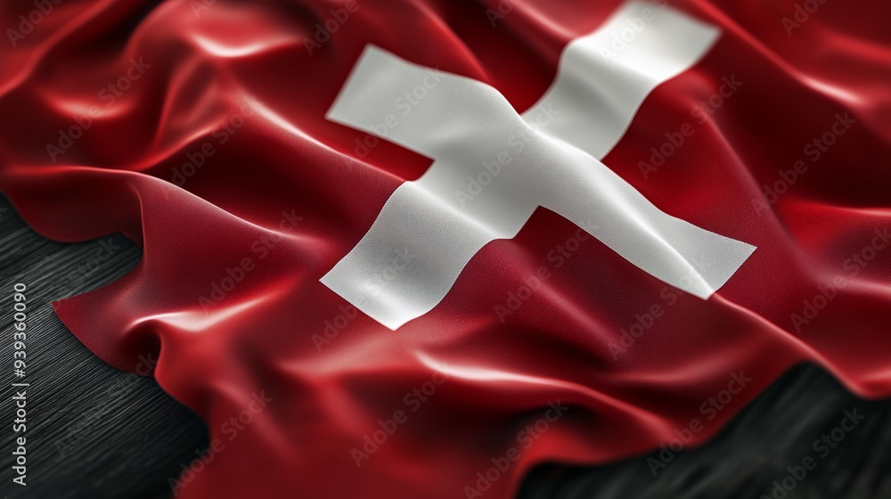 Close-up of a textured Swiss flag with its iconic white cross on a red ...